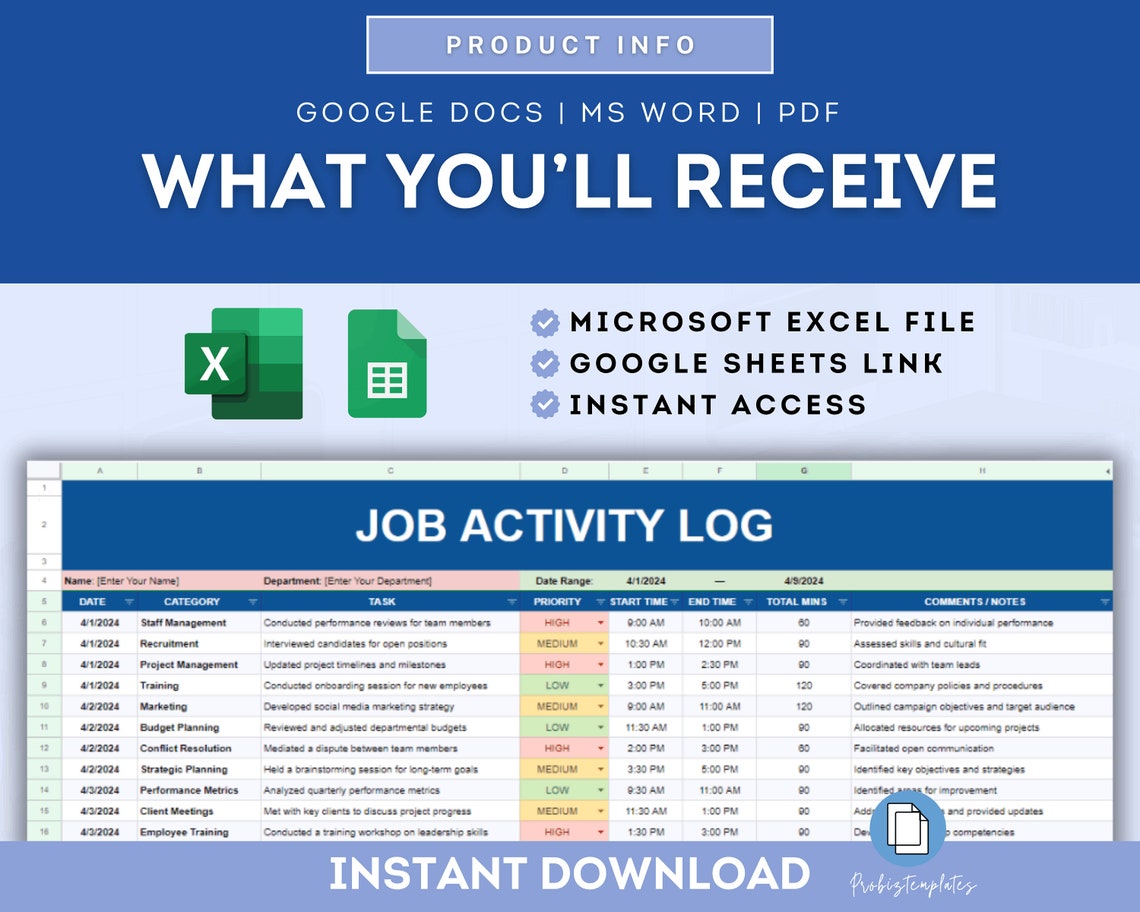 Job Activity Log Template, Work Task Tracker, Daily Work Journal ...