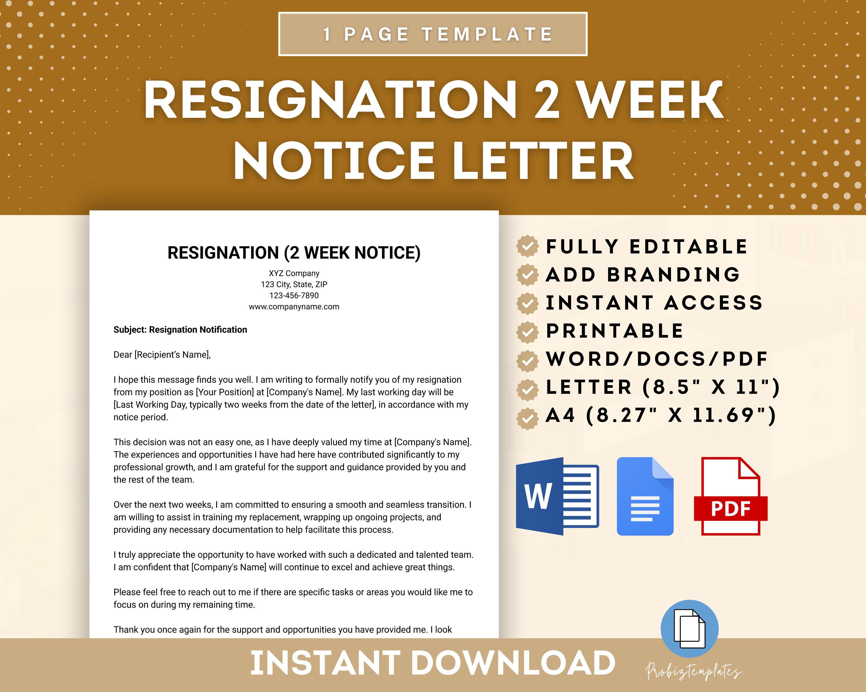 Resignation 2 Week Notice Letter Template, Two Week Notice Resignation ...