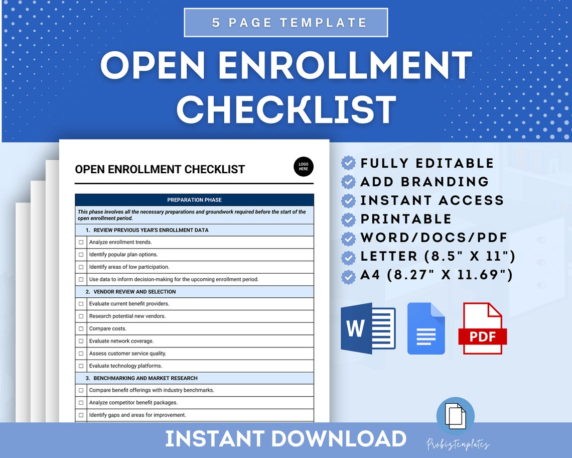 Open Enrollment Checklist Template, Benefits Enrollment Tasks Planner ...