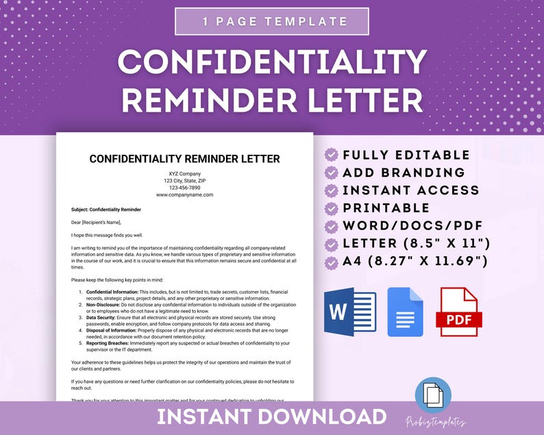 Confidentiality Reminder Letter Template, NDA Reminder Notice, Non ...