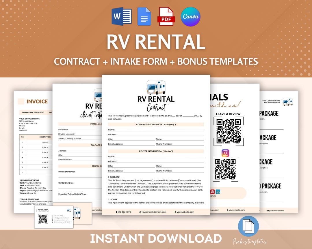 RV Rental Contract Bundle, Recreational Vehicle Agreement Template ...