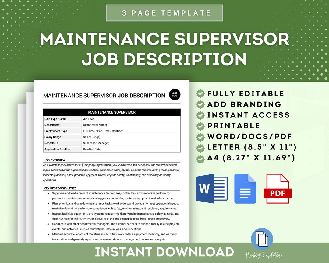 Maintenance Supervisor Job Description Template, Facilities Maintenance ...