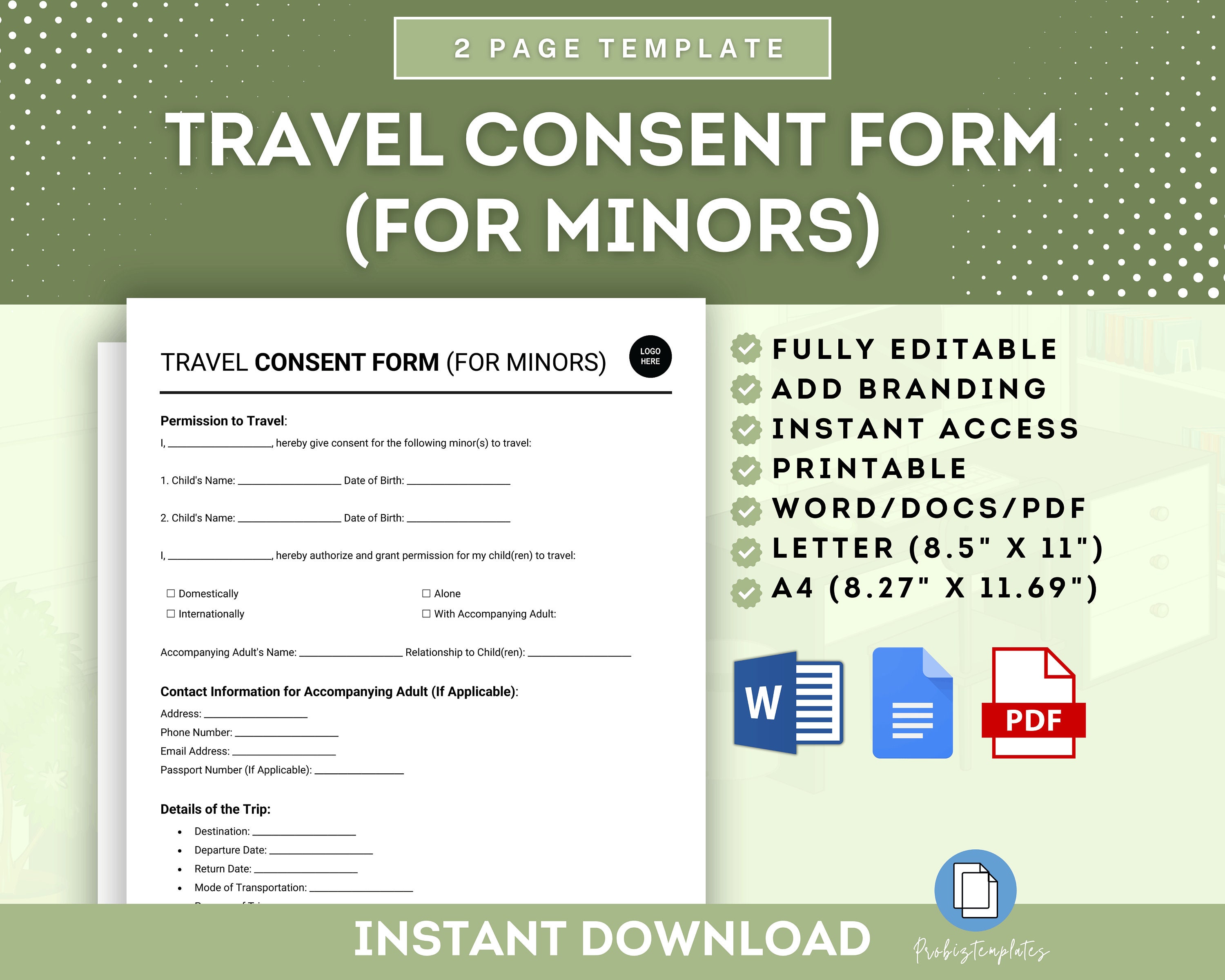 Travel Consent Form for Minors, Minor Travel Authorization Form, Child ...
