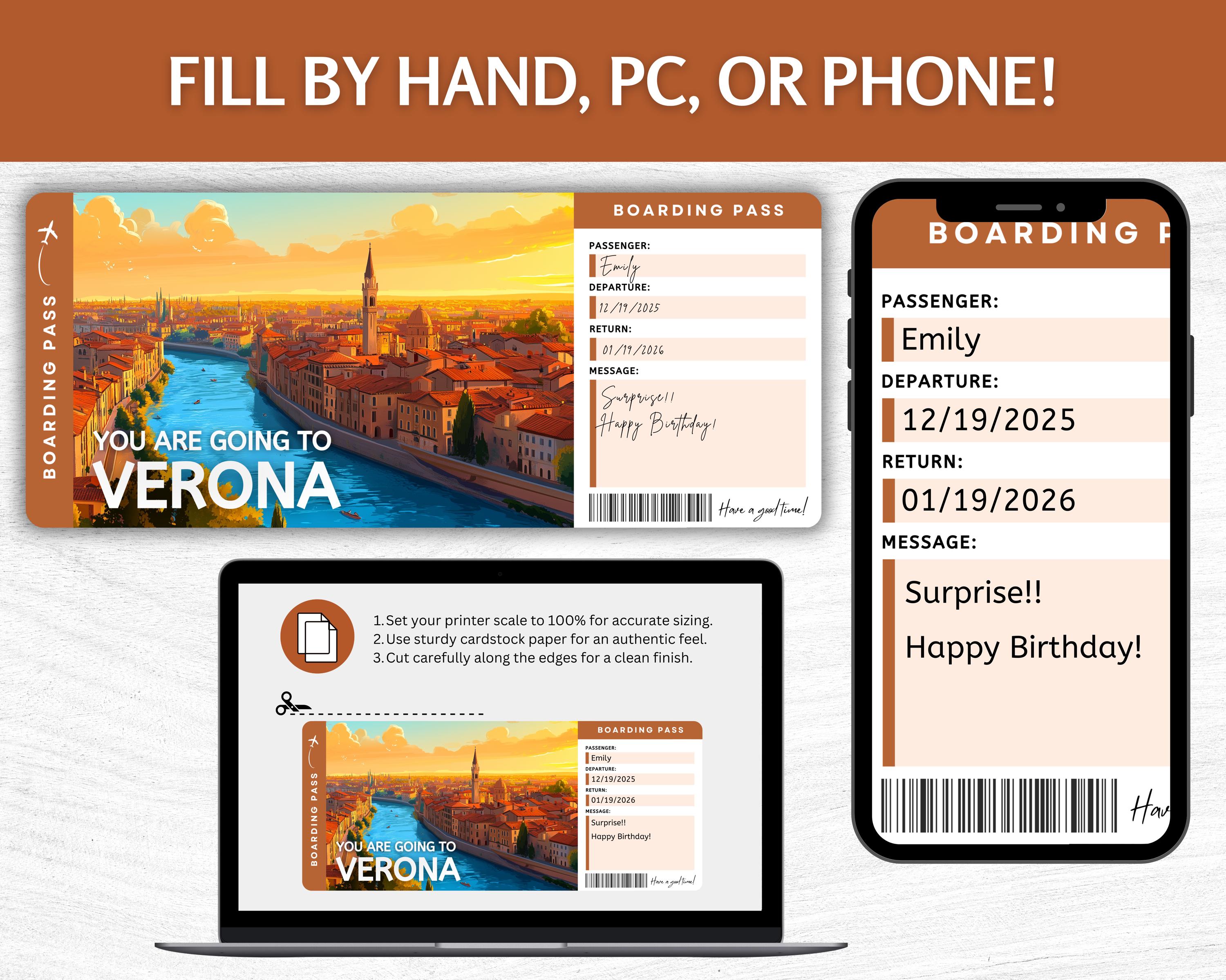 Printable Verona Surprise Gift Ticket, Editable Italy Boarding Pass ...