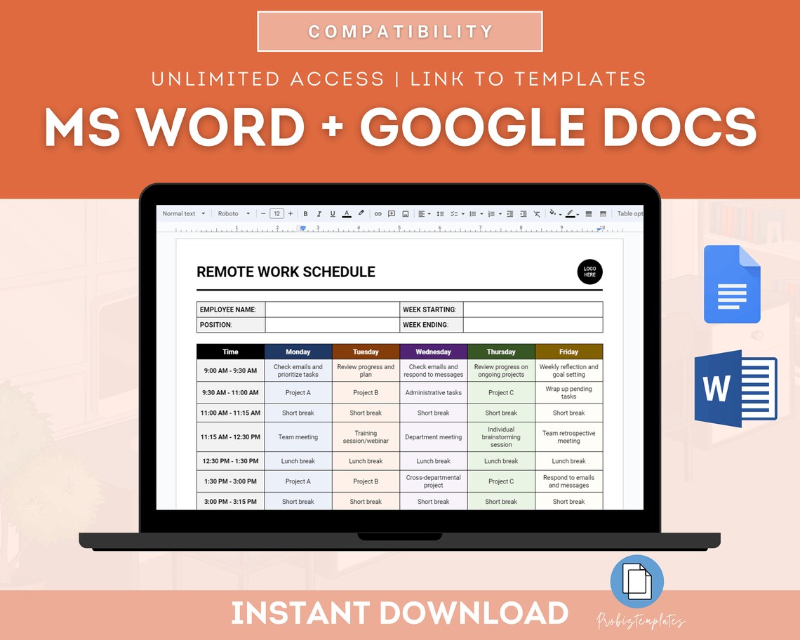 Remote Work Schedule Template, Virtual Work Timetable, Telecommuting ...