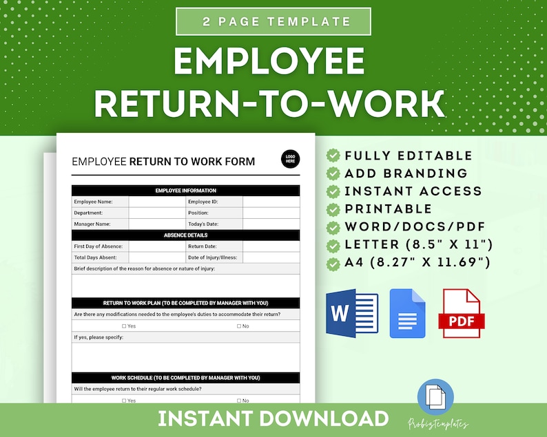 Employee Return to Work Form Template, Back-to-work Form, Return-to ...