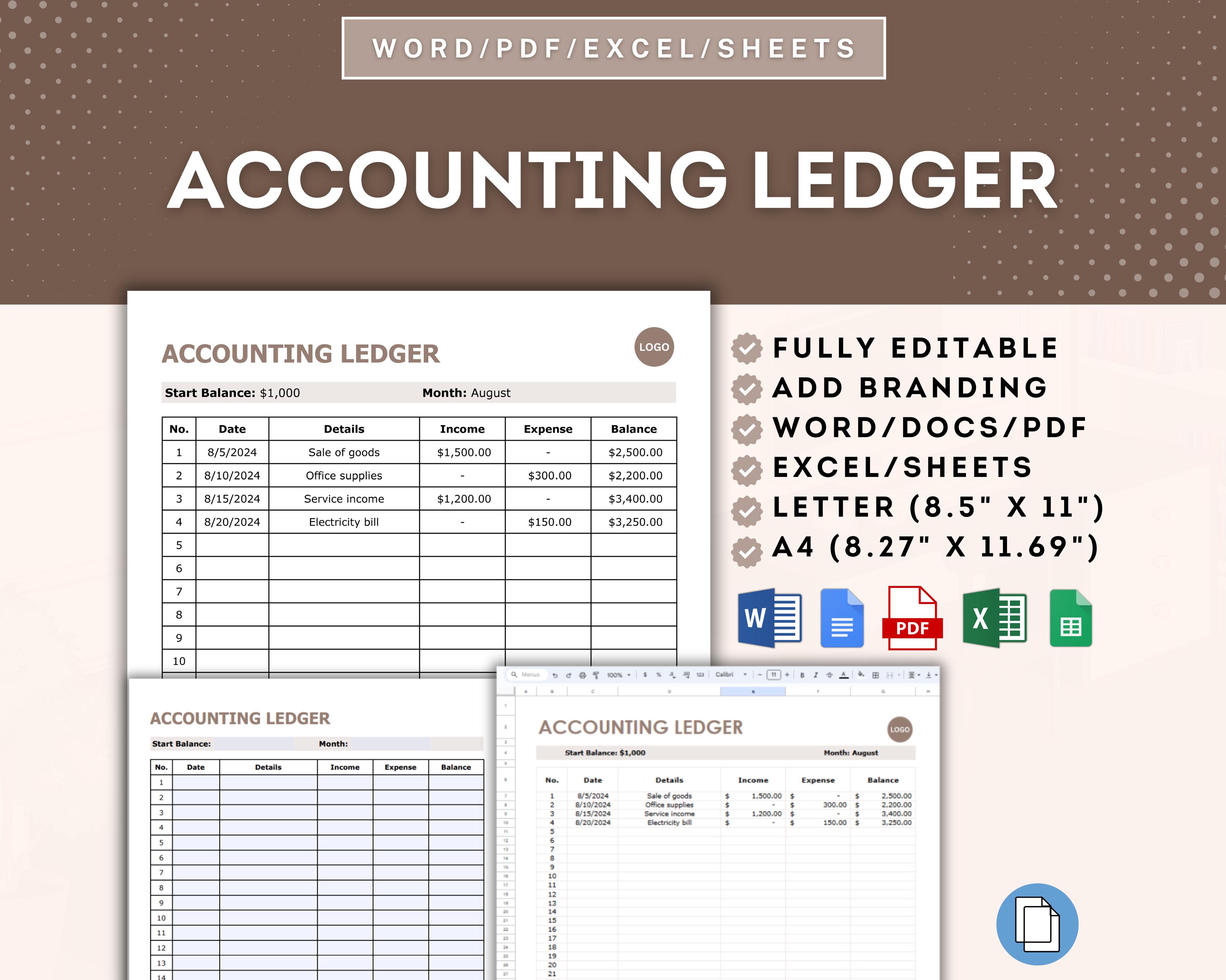 Accounting Ledger Template, Customizable Financial Ledger Form, Ledger ...