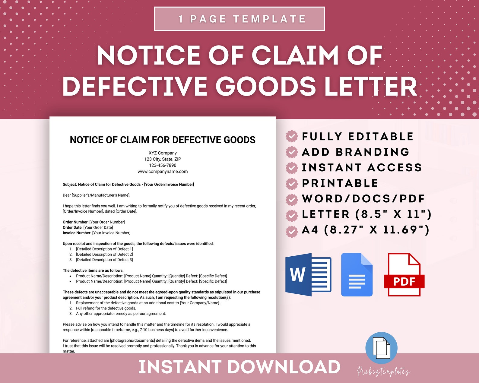 Notice of Claim of Defective Goods Letter, Defective Goods Claim ...