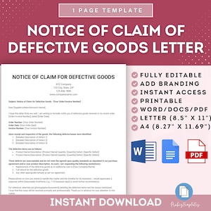 Notice of Claim of Defective Goods Letter, Defective Goods Claim ...