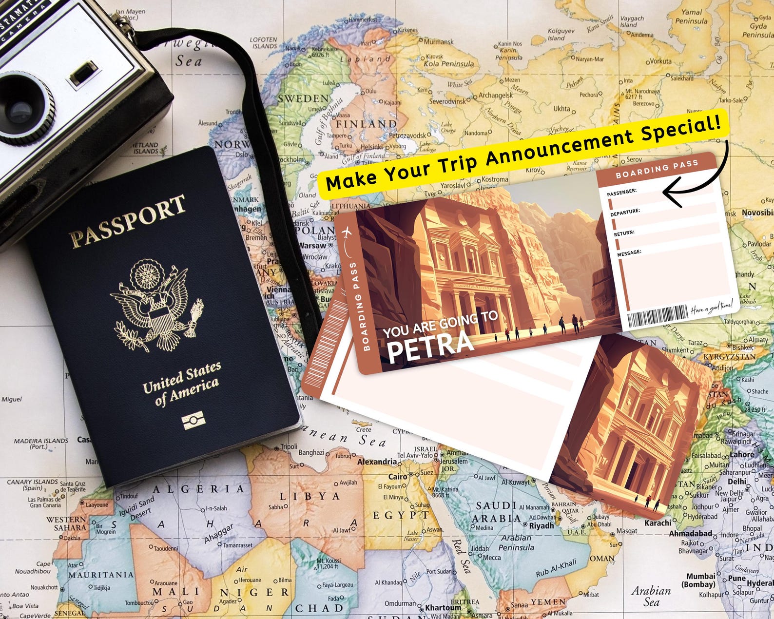 Printable Petra Surprise Gift Ticket, Editable Jordan Vacation Boarding ...