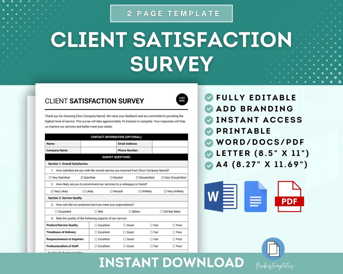 Client Satisfaction Survey Template, Customer Feedback Survey, Client ...