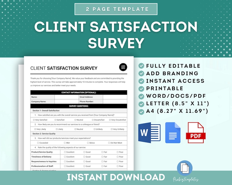 Client Satisfaction Survey Template, Customer Feedback Survey, Client ...
