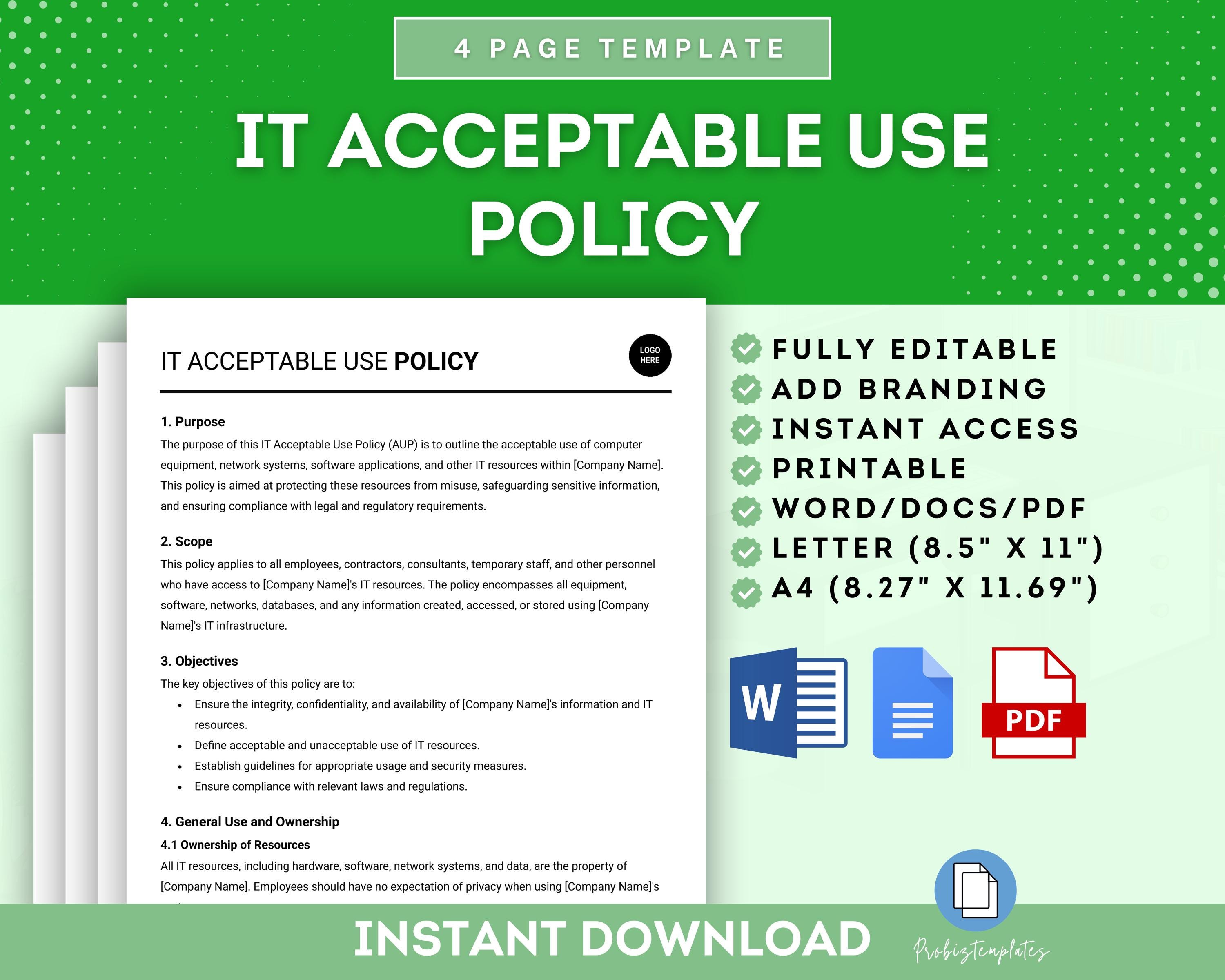 IT Acceptable Use Policy Template, Company IT Use Guidelines Template ...