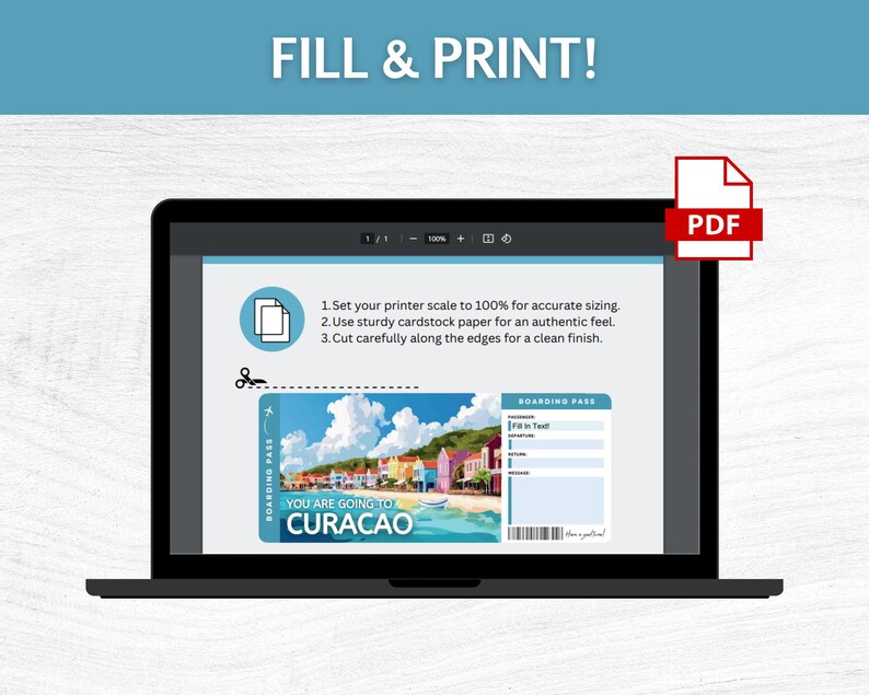 Printable Curacao Surprise Gift Ticket, Editable Willemstad Boarding ...