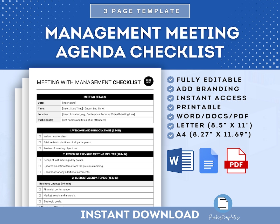 Meeting With Management Agenda Checklist Template, Management Meeting ...