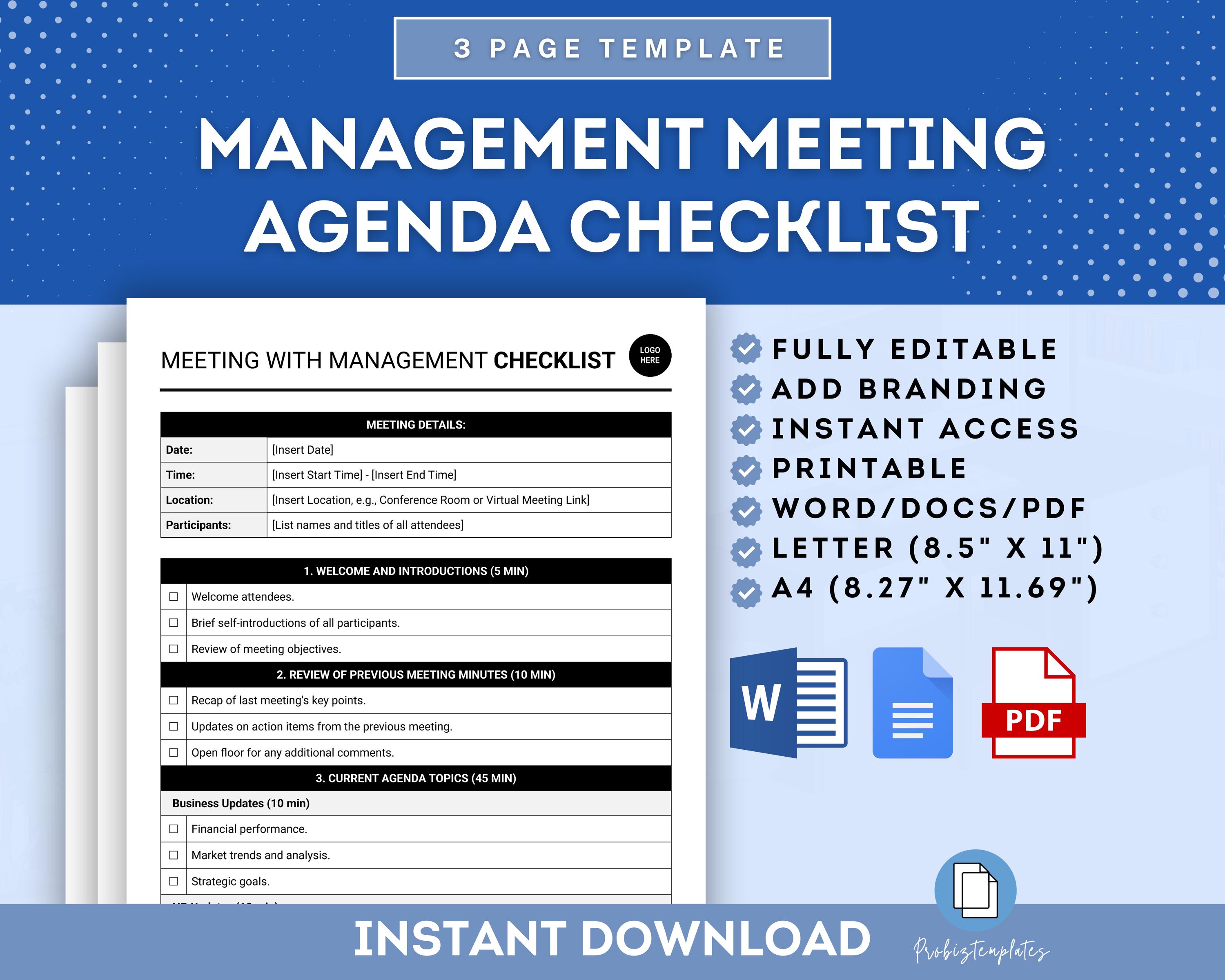 Meeting With Management Agenda Checklist Template, Management Meeting ...