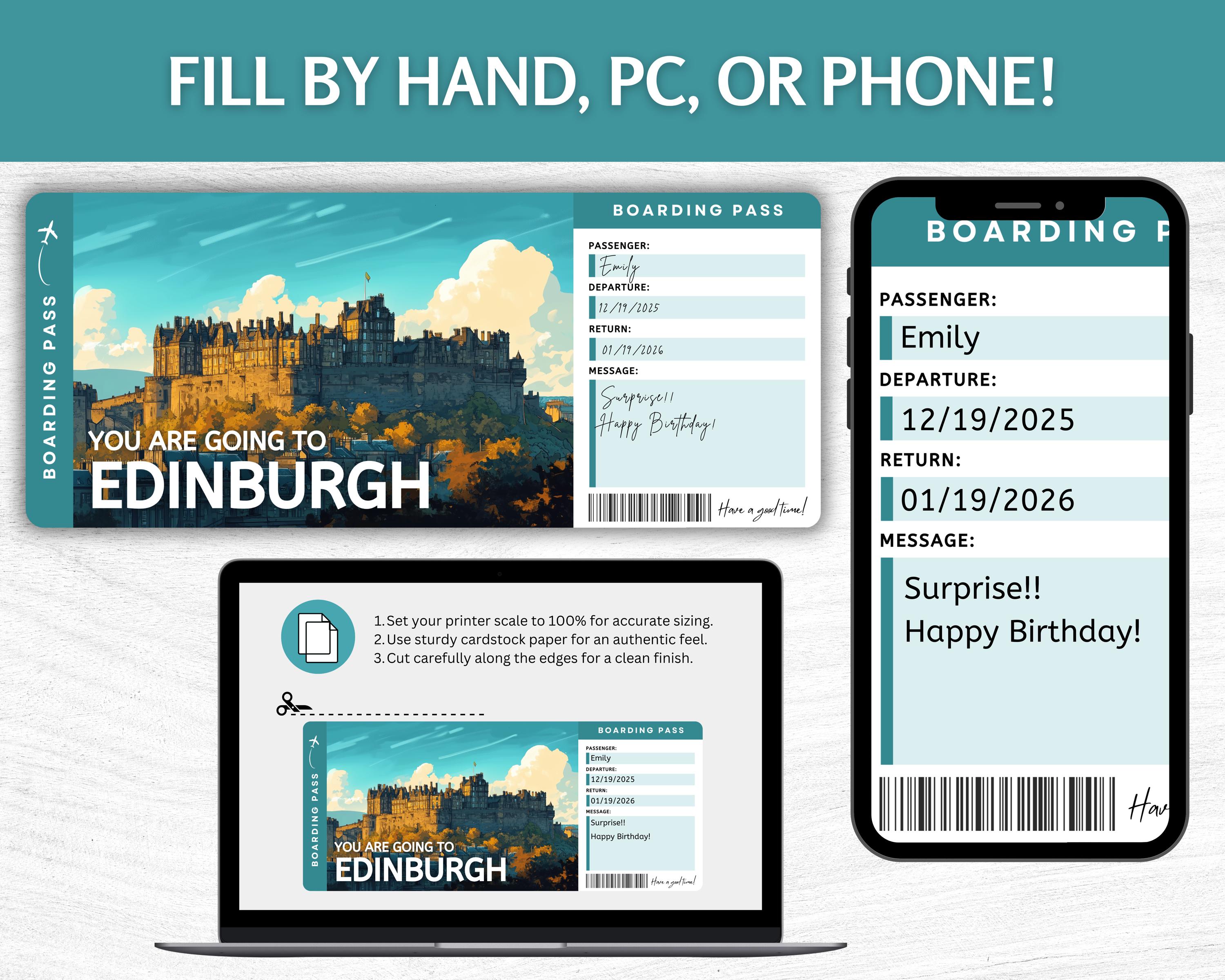 Printable Edinburgh Surprise Gift Ticket, Editable Scotland Vacation ...