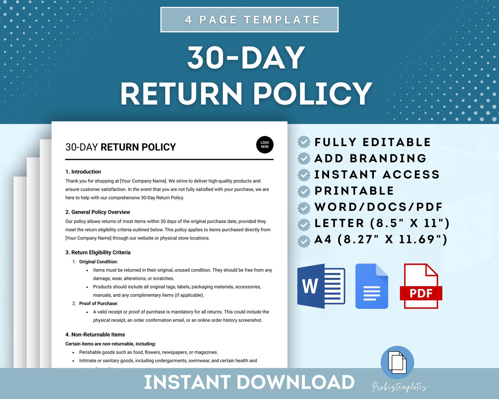 30-day Return Policy Template, Return Terms and Conditions, Product ...