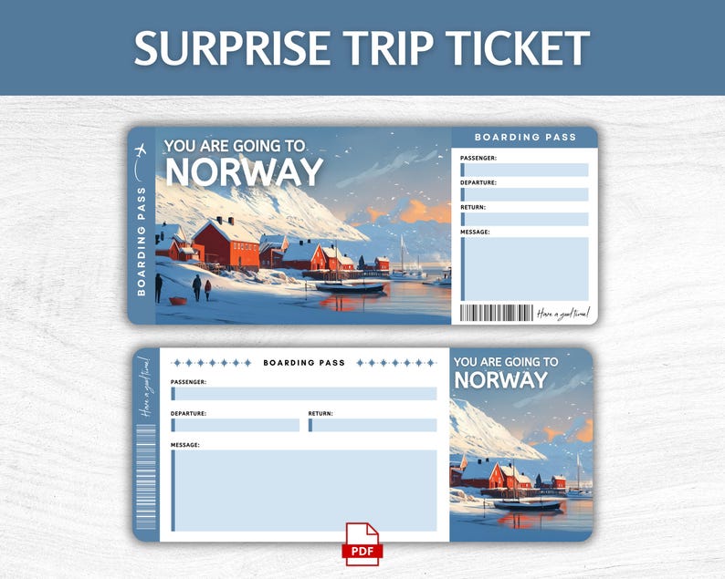 Printable Norway Surprise Gift Ticket, Editable Oslo Boarding Pass ...