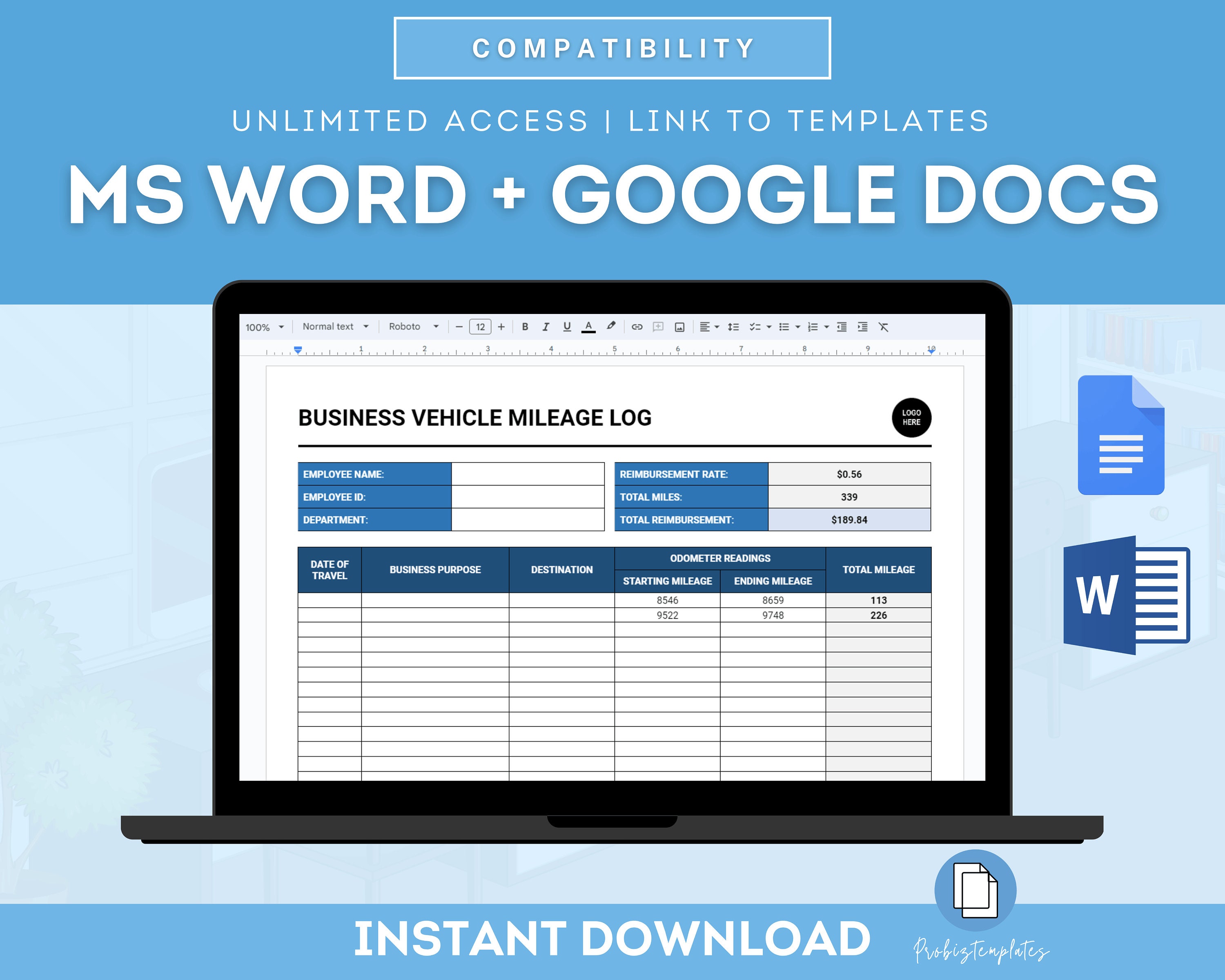 Business Vehicle Mileage Log Template, Business Car Usage Log, Work ...
