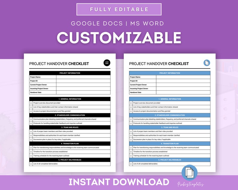 Project Handover Checklist, Project Transfer Checklist, Project Transition Checklist, Transfer ...