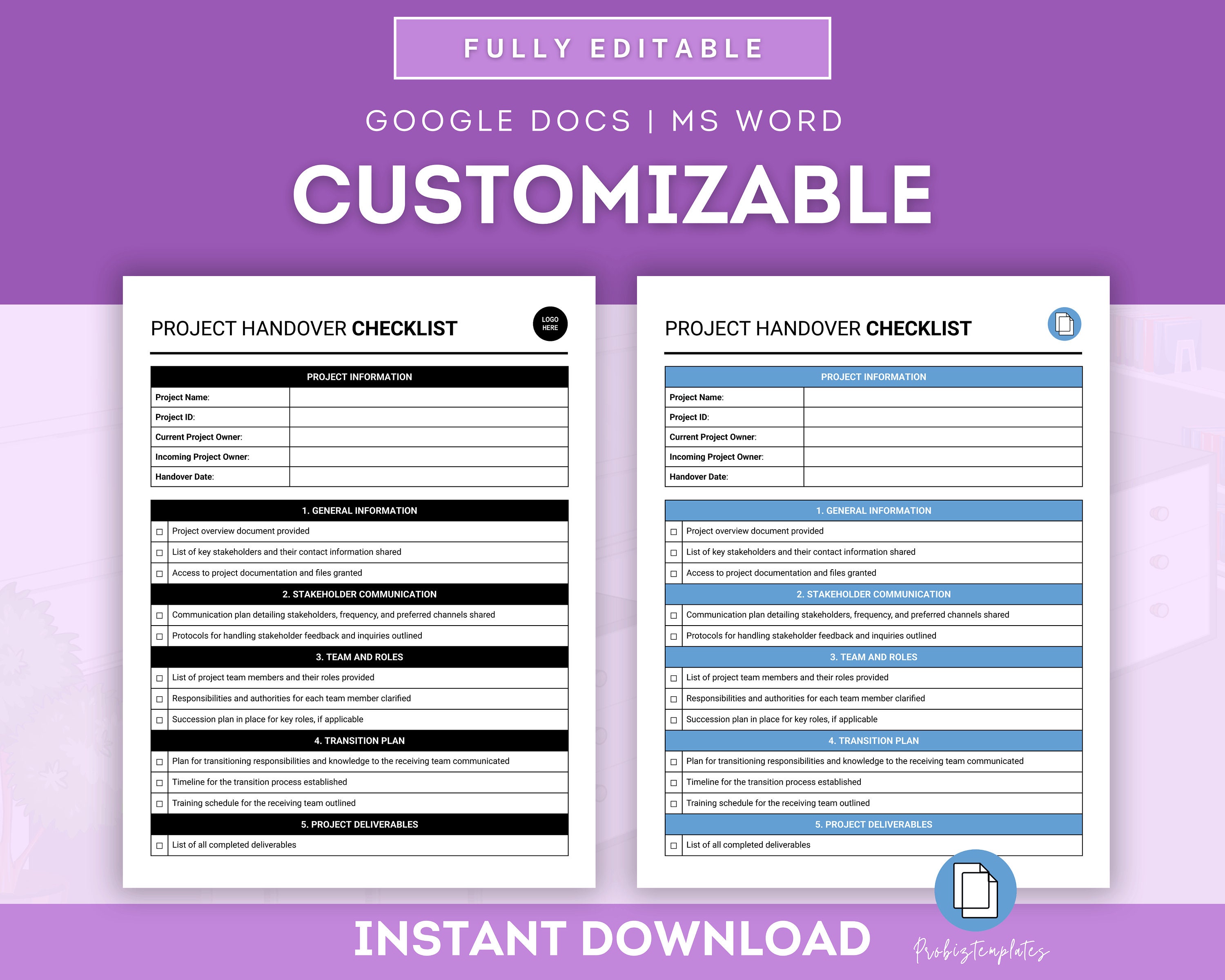 Project Handover Checklist, Project Transfer Checklist, Project Transition Checklist, Transfer ...
