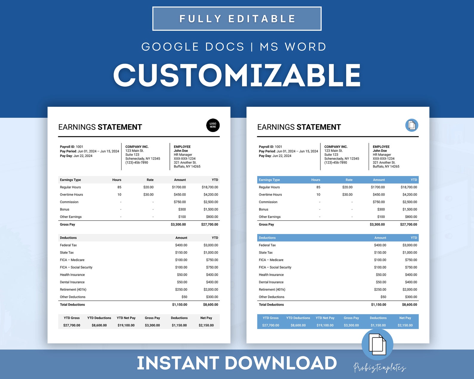 Employee Earnings Statement Template, Staff Pay Stub Template, Paycheck ...