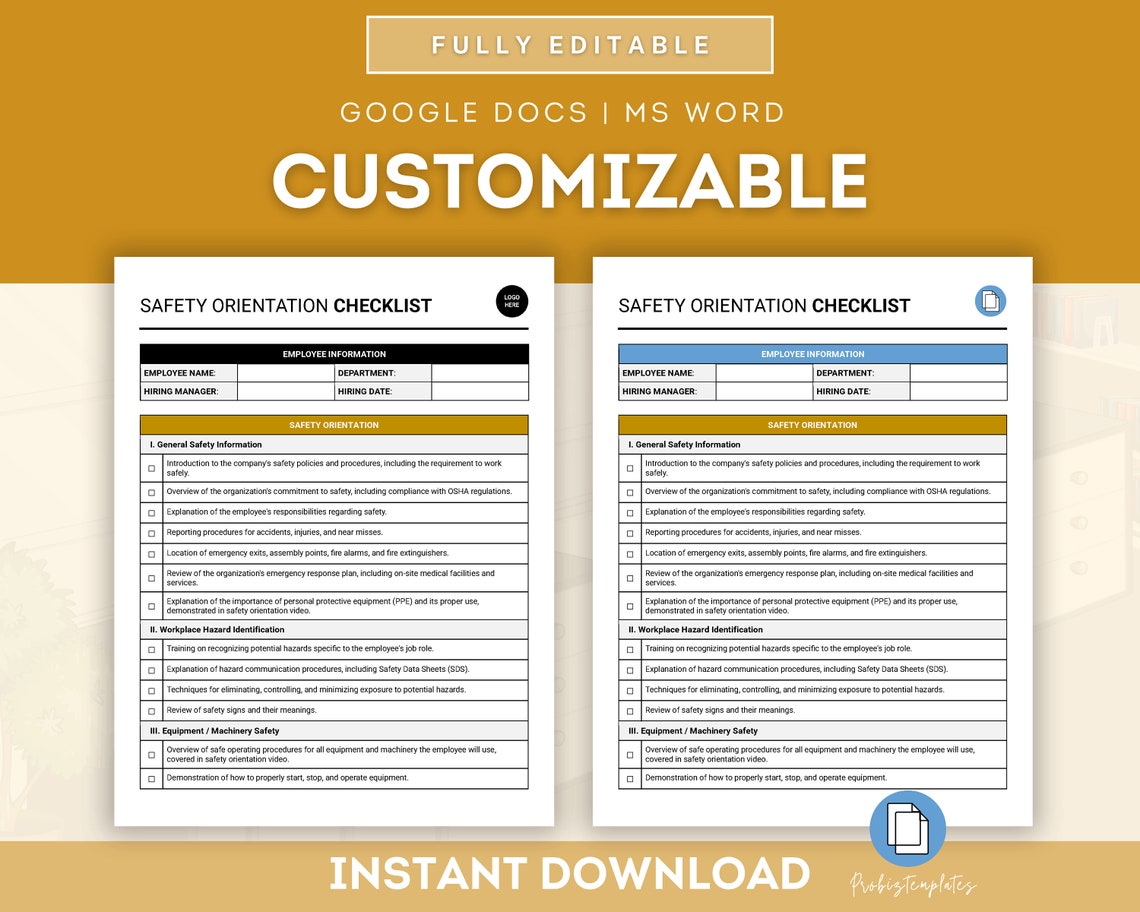 Safety Orientation Checklist, Workplace Safety Introduction Checklist ...