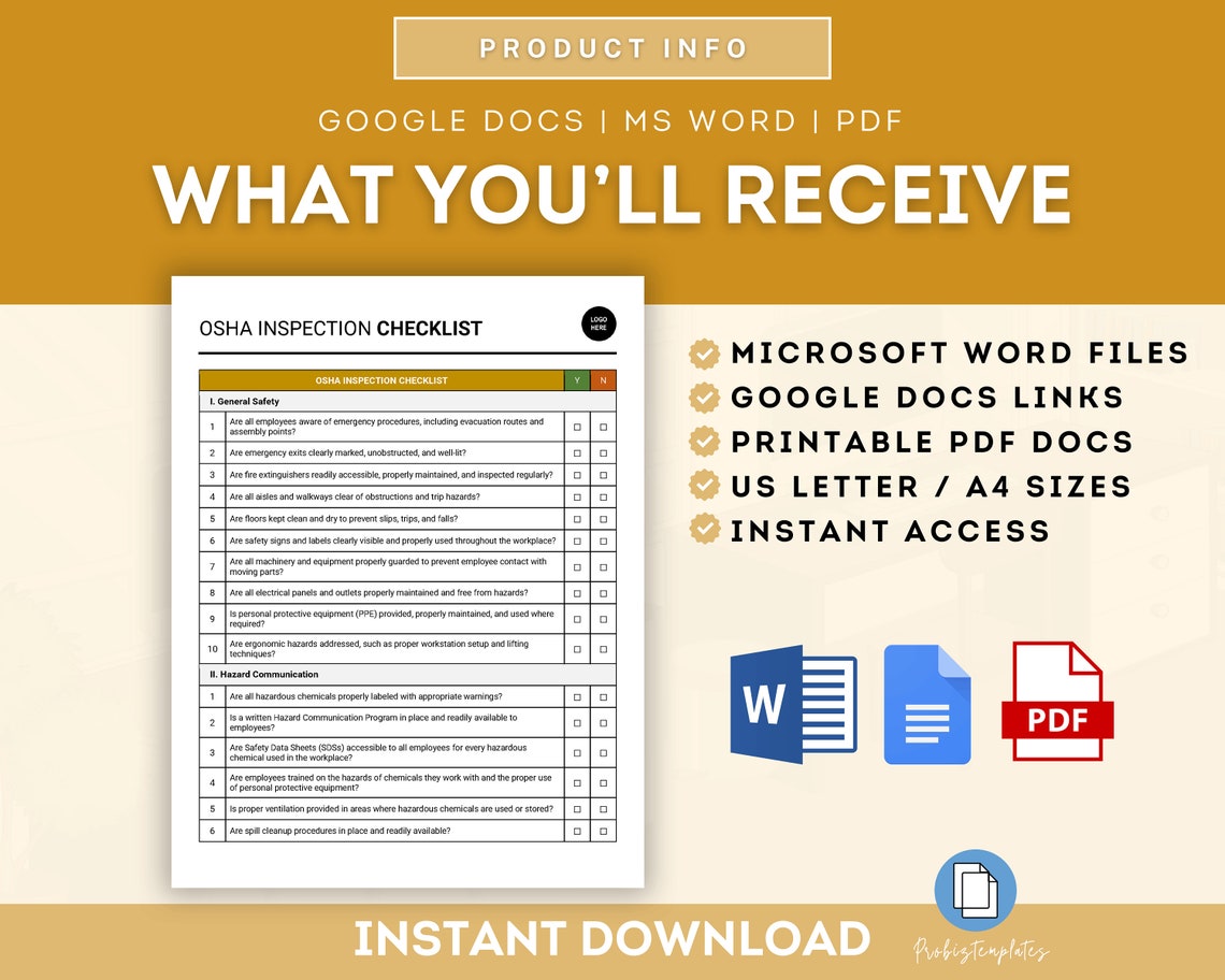 OSHA Inspection Checklist Template, Occupational Safety Evaluation Form ...