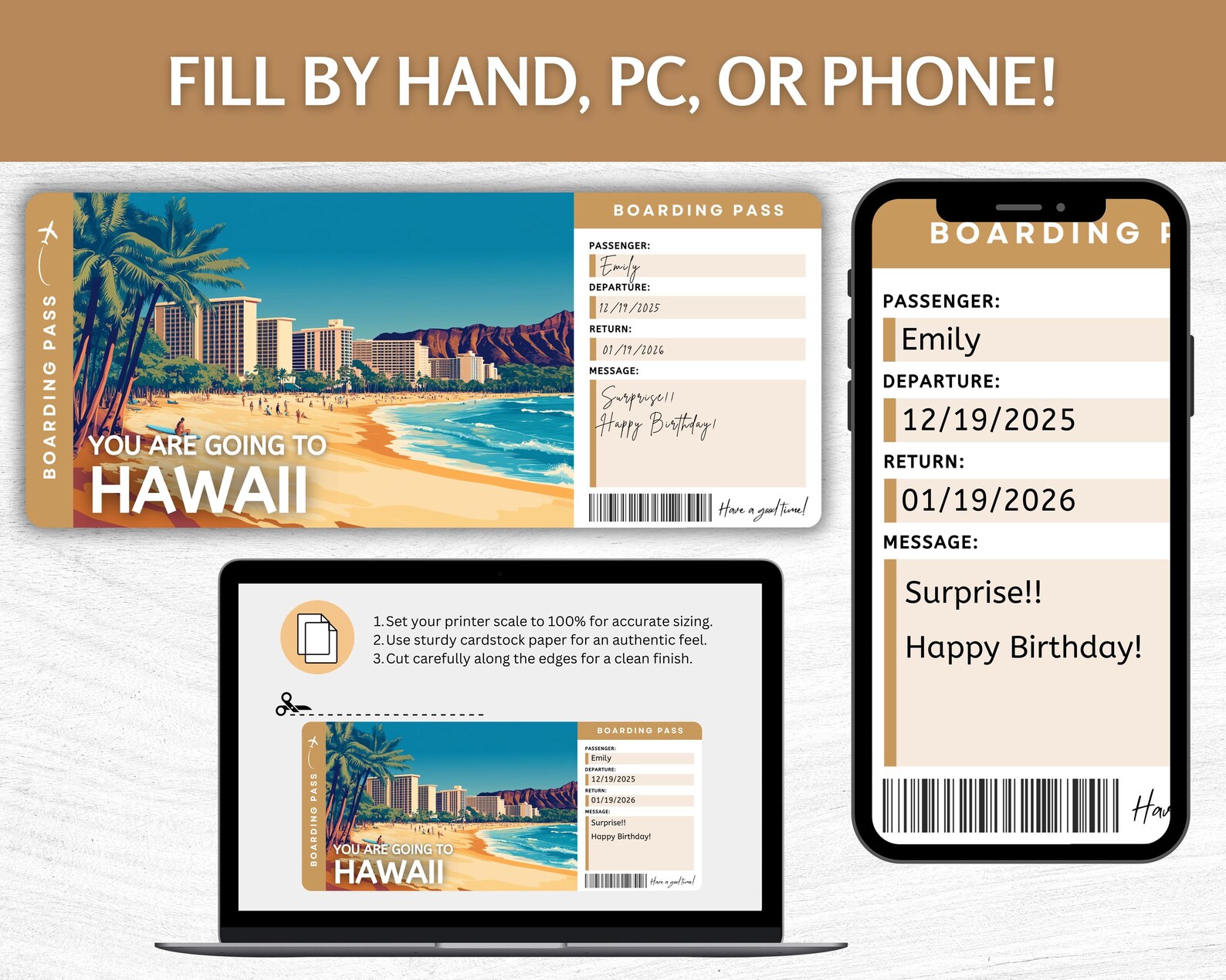 Printable Hawaii Surprise Gift Ticket, Editable Honolulu Boarding Pass ...