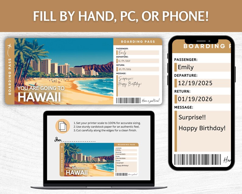Printable Hawaii Surprise Gift Ticket, Editable Honolulu Boarding Pass ...