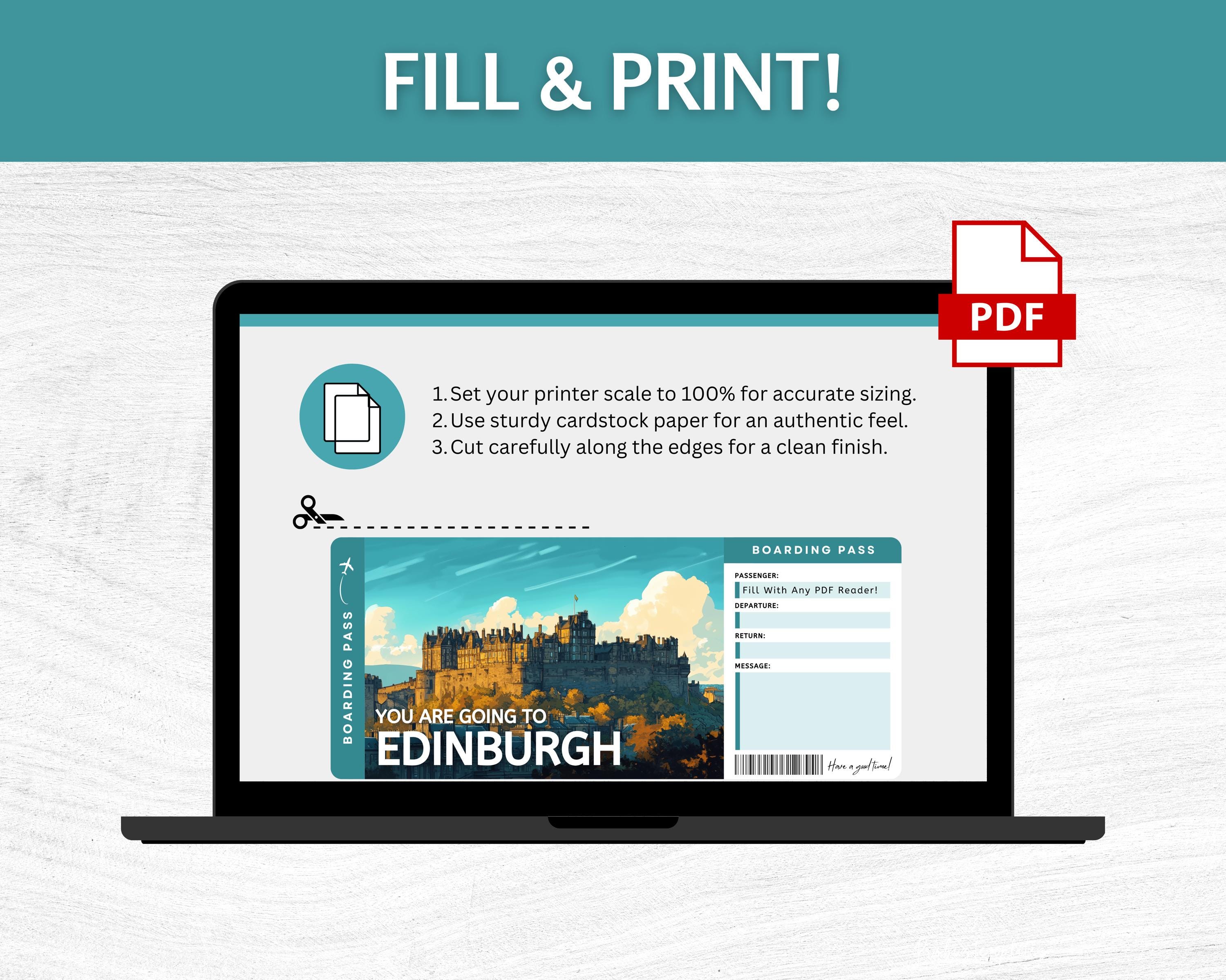 Printable Edinburgh Surprise Gift Ticket, Editable Scotland Vacation ...