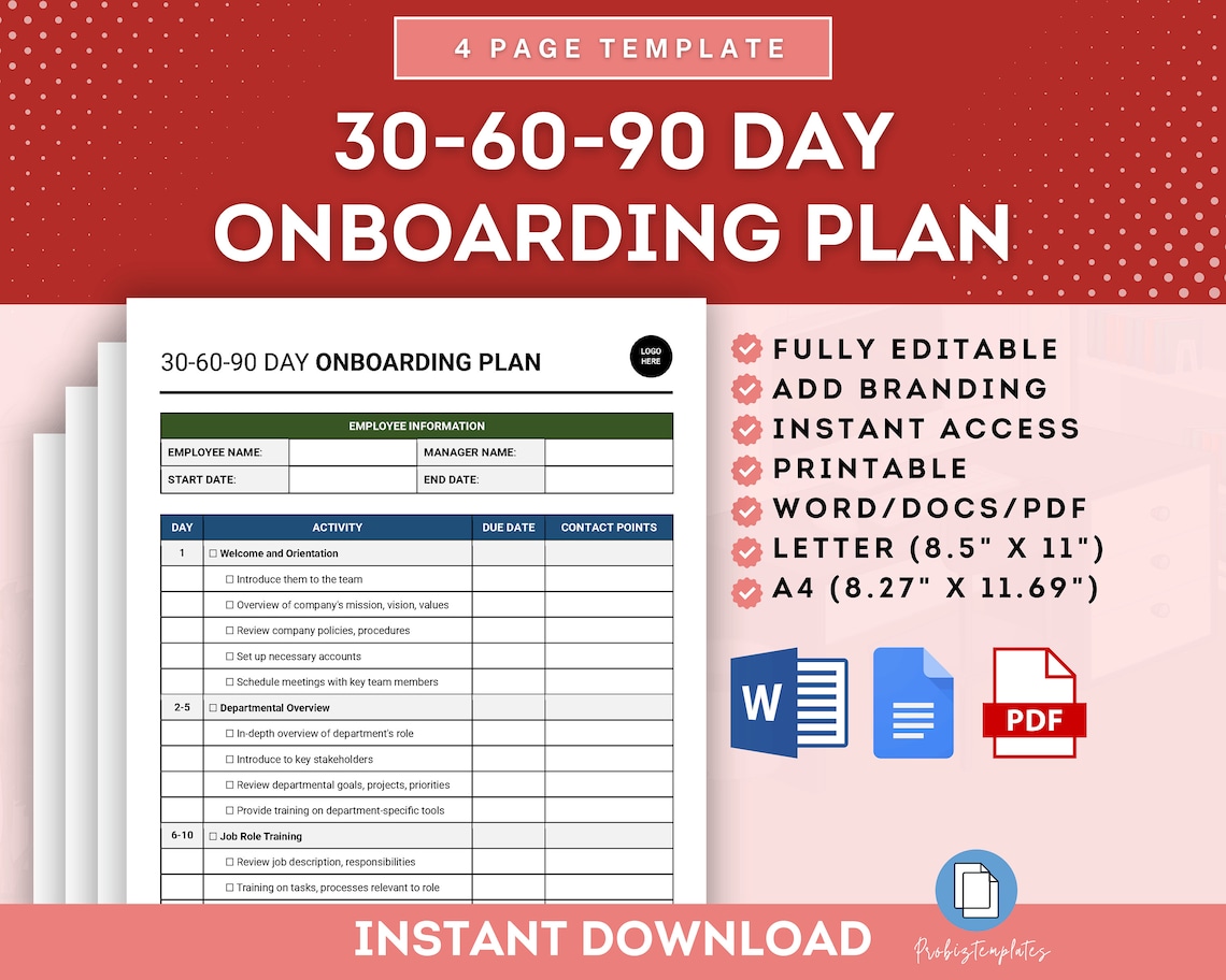 Employee 30 60 90 Day Onboarding Plan Checklist Template, New Hire ...