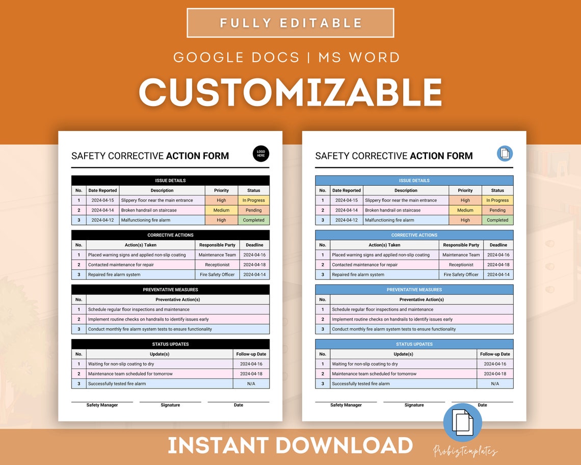 Workplace Safety Corrective Action Form Template, Hazard Correction ...