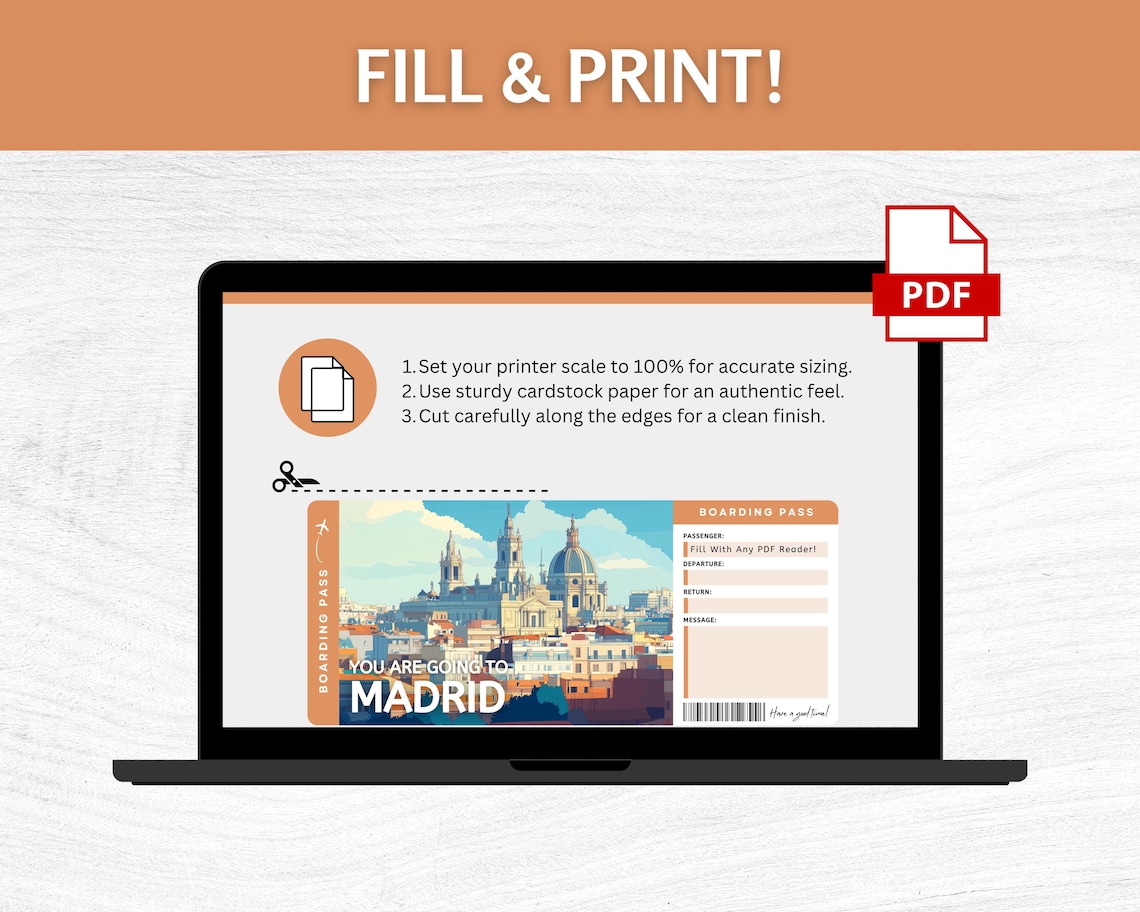 Printable Madrid Surprise Gift Ticket, Editable Spain Vacation Boarding ...