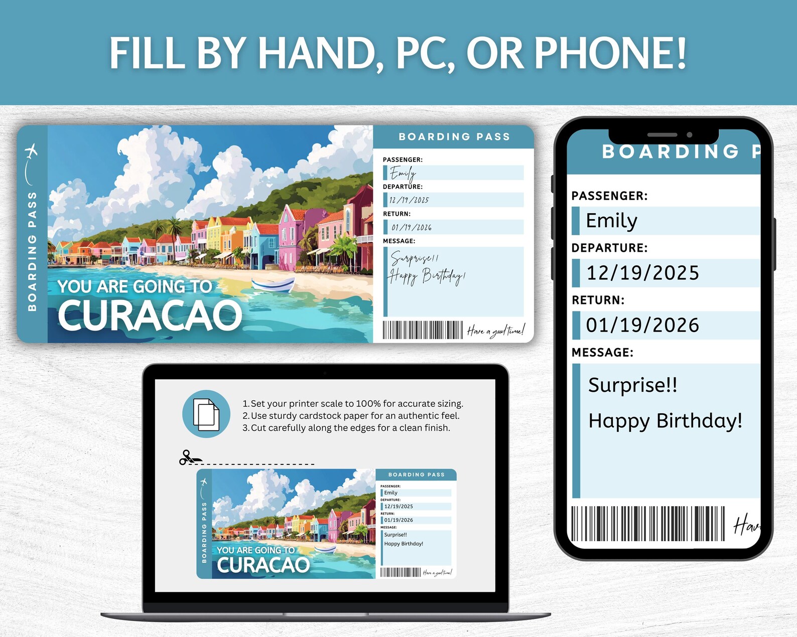 Printable Curacao Surprise Gift Ticket, Editable Willemstad Boarding ...
