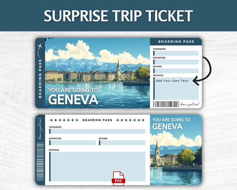 Printable Geneva Surprise Gift Ticket, Editable Switzerland Vacation ...