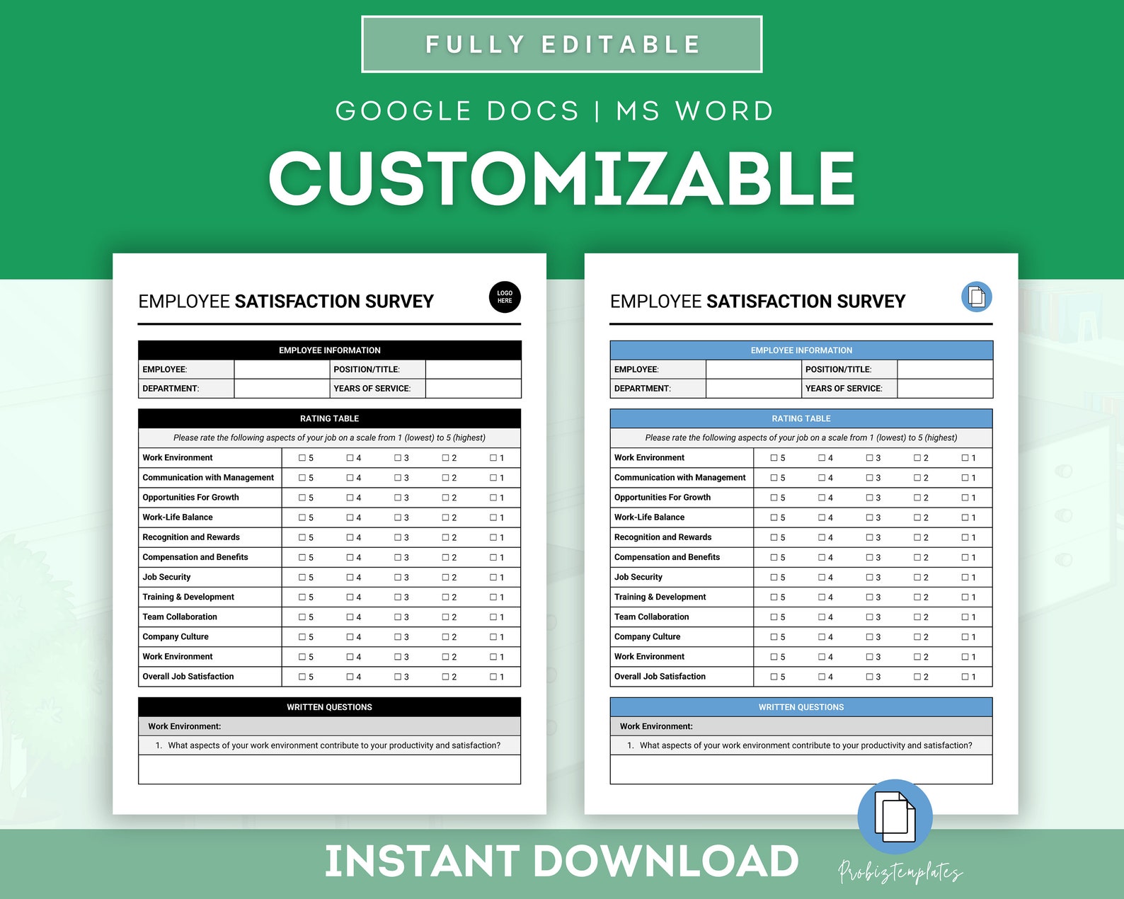 Employee Satisfaction Survey Template, Staff Morale Assessment, Worker ...