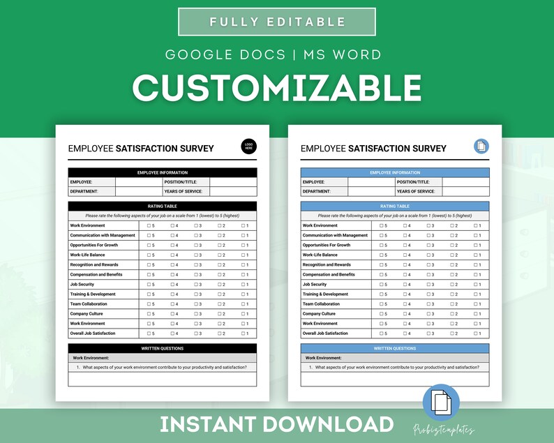 Employee Satisfaction Survey Template, Staff Morale Assessment, Worker ...