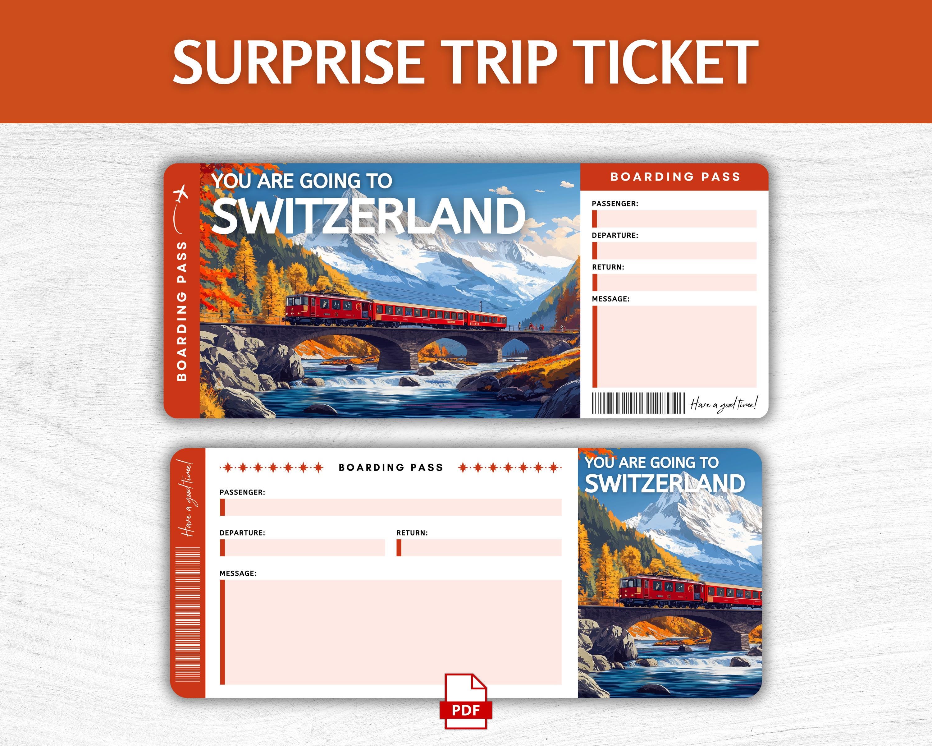 Printable Switzerland Surprise Gift Ticket, Editable Zurich Boarding ...