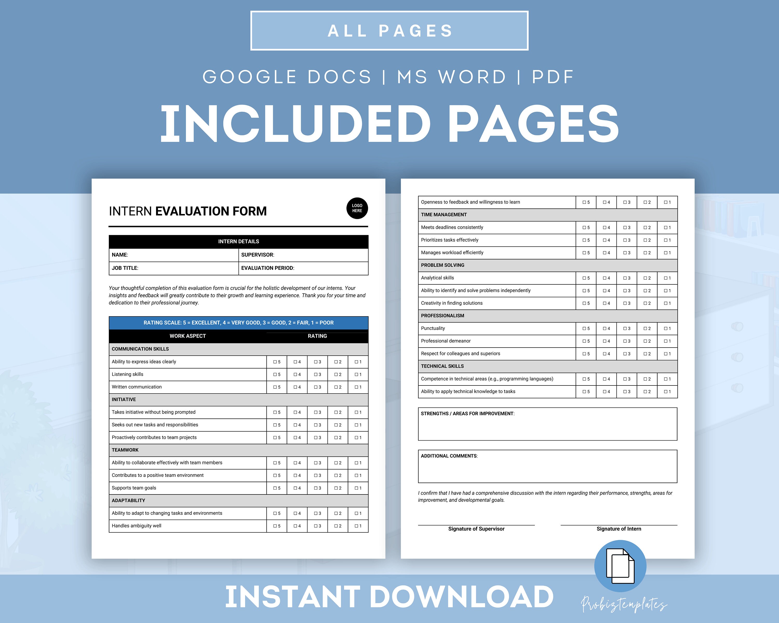 Intern Evaluation Form, Student Intern Assessment, Intern Performance Review, Student Internship ...