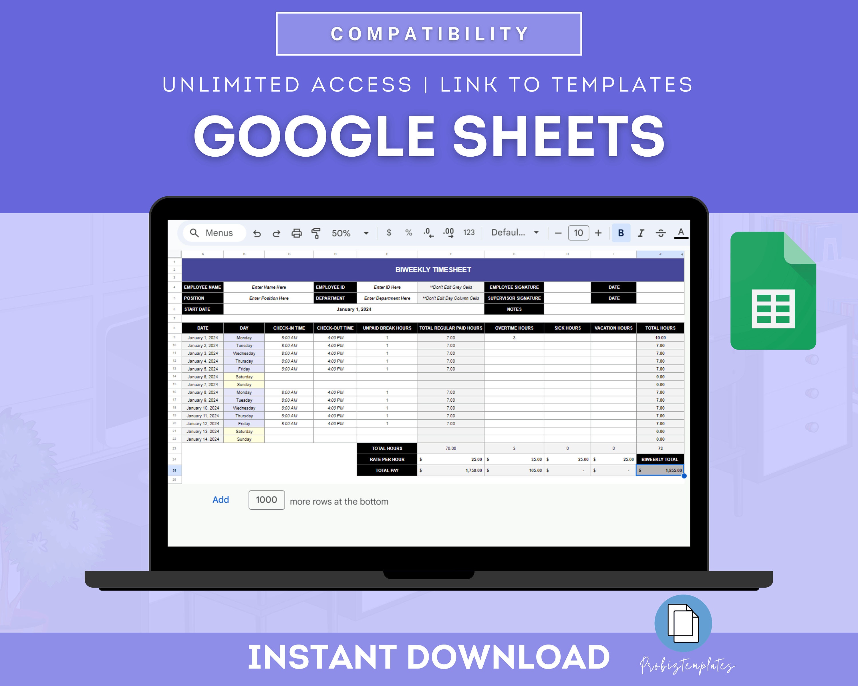 Employee Biweekly & Weekly Timesheet, Work Hours Record, Staff Hours ...