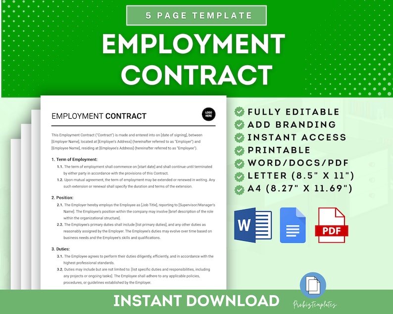 Employment Contract Template, Employment Agreement Outline, Basic ...