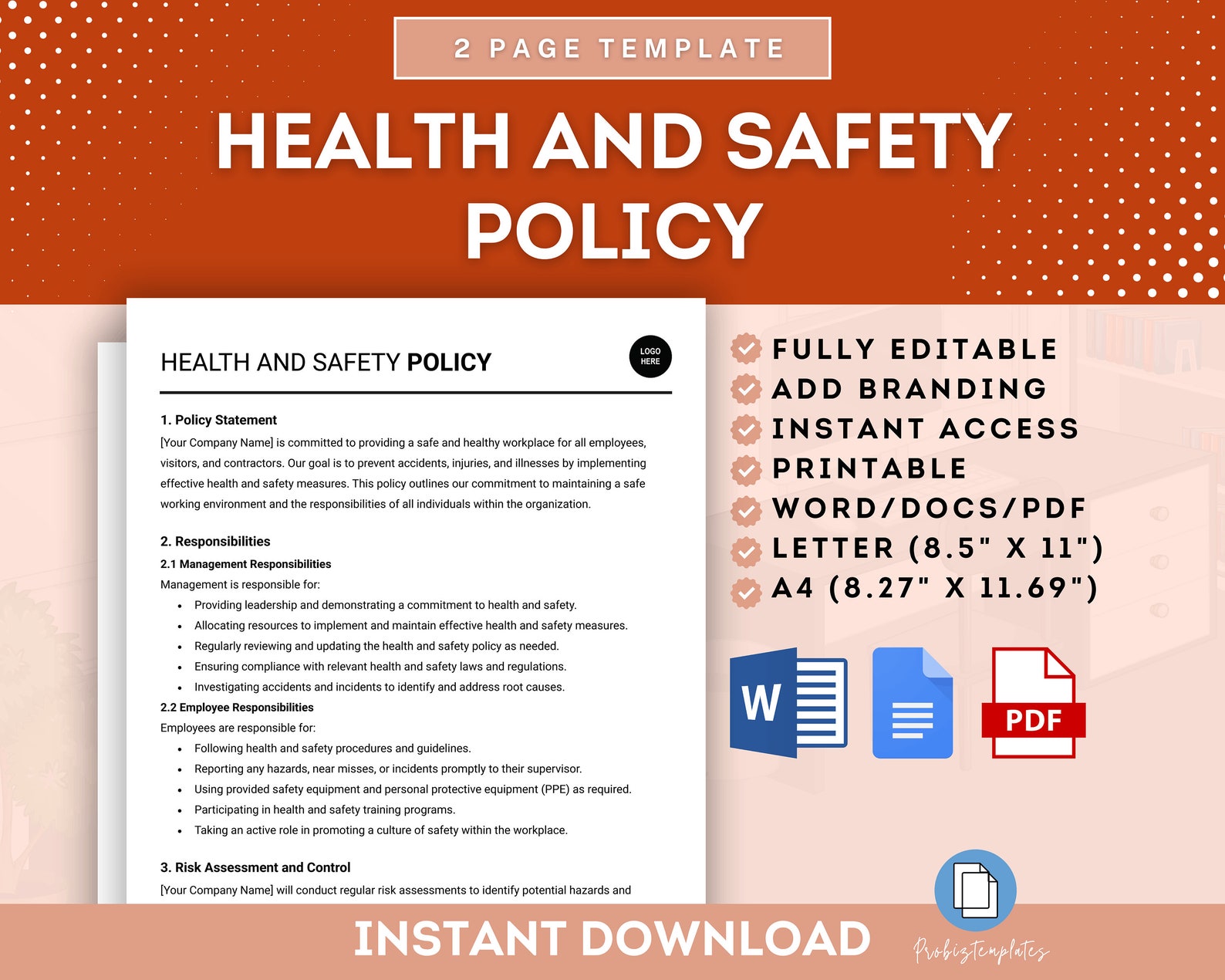 Employee Health and Safety Policy, Safe Workplace Policy Template, New ...