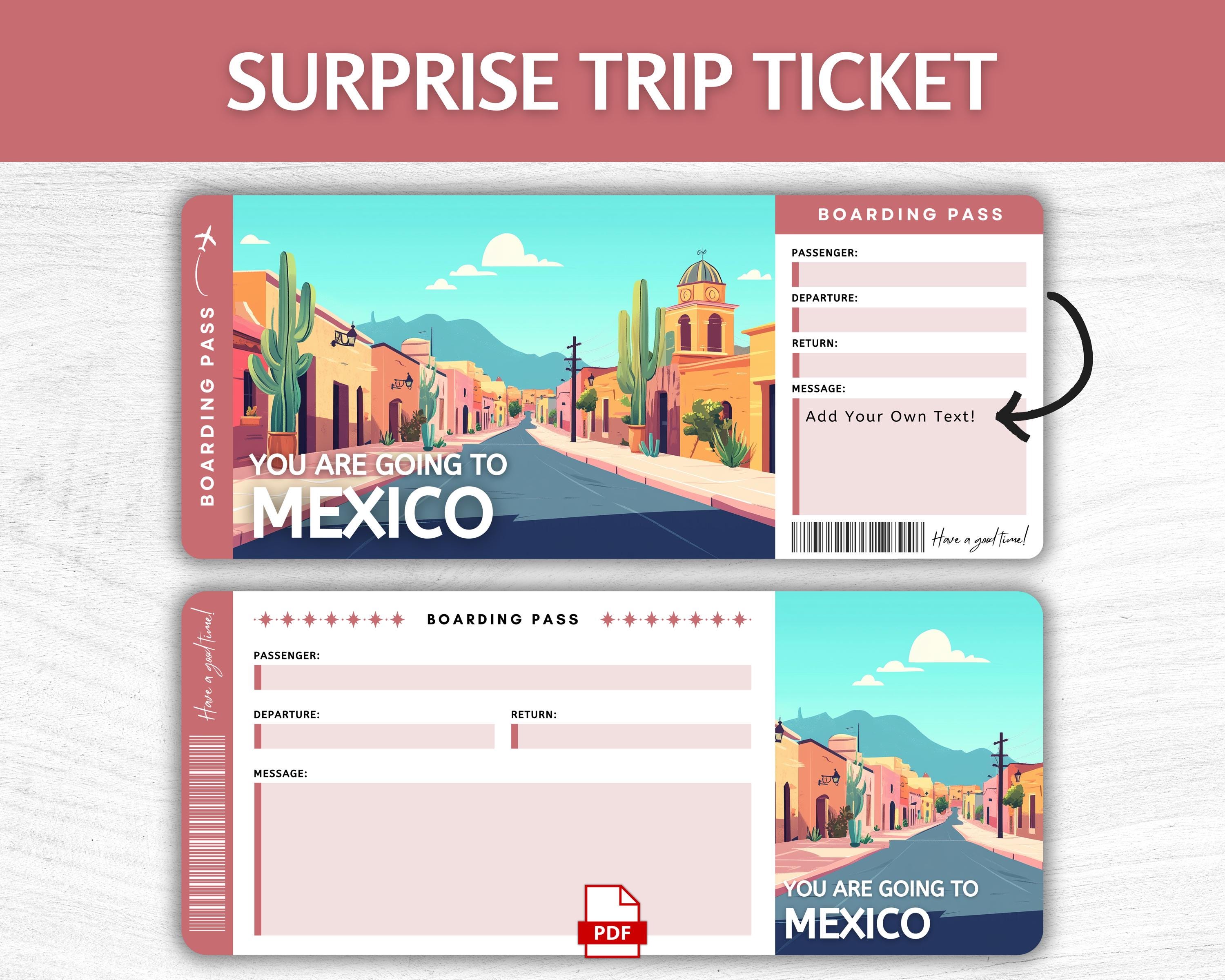 Printable Mexico Surprise Gift Ticket, Editable Cancun Vacation ...