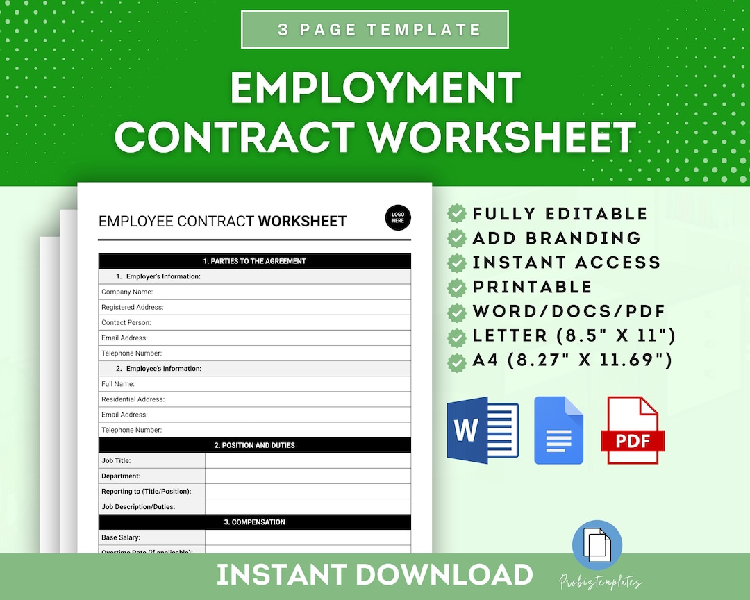 Employment Contract Worksheet Template, Job Contract Worksheet ...