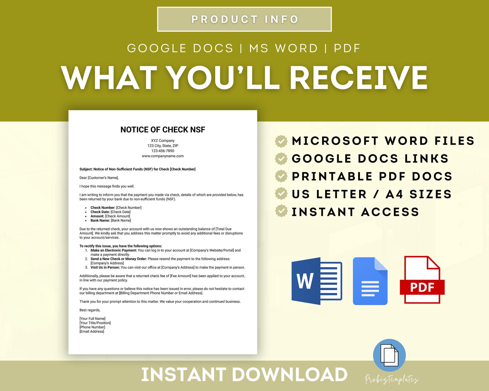 Notice of Check NSF Letter, Non-sufficient Funds Check Notice, Bounced ...