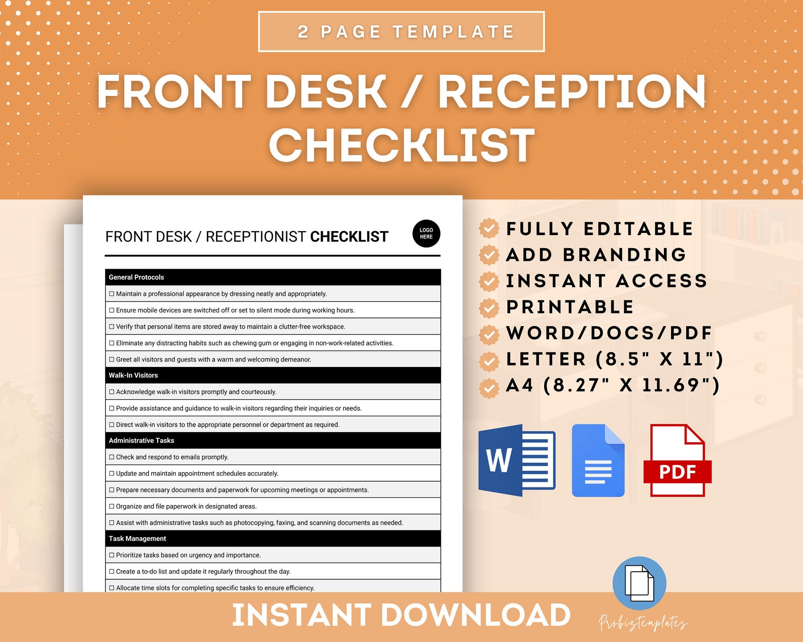 Front Desk Receptionist Checklist, Reception Responsibilities, Receptionist Daily Checklist ...