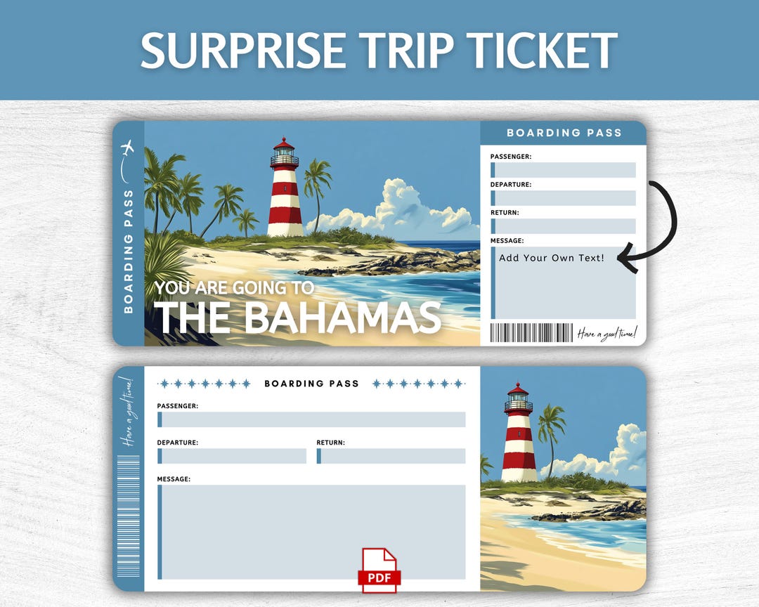 Printable Bahamas Surprise Gift Ticket, Editable Island Vacation ...