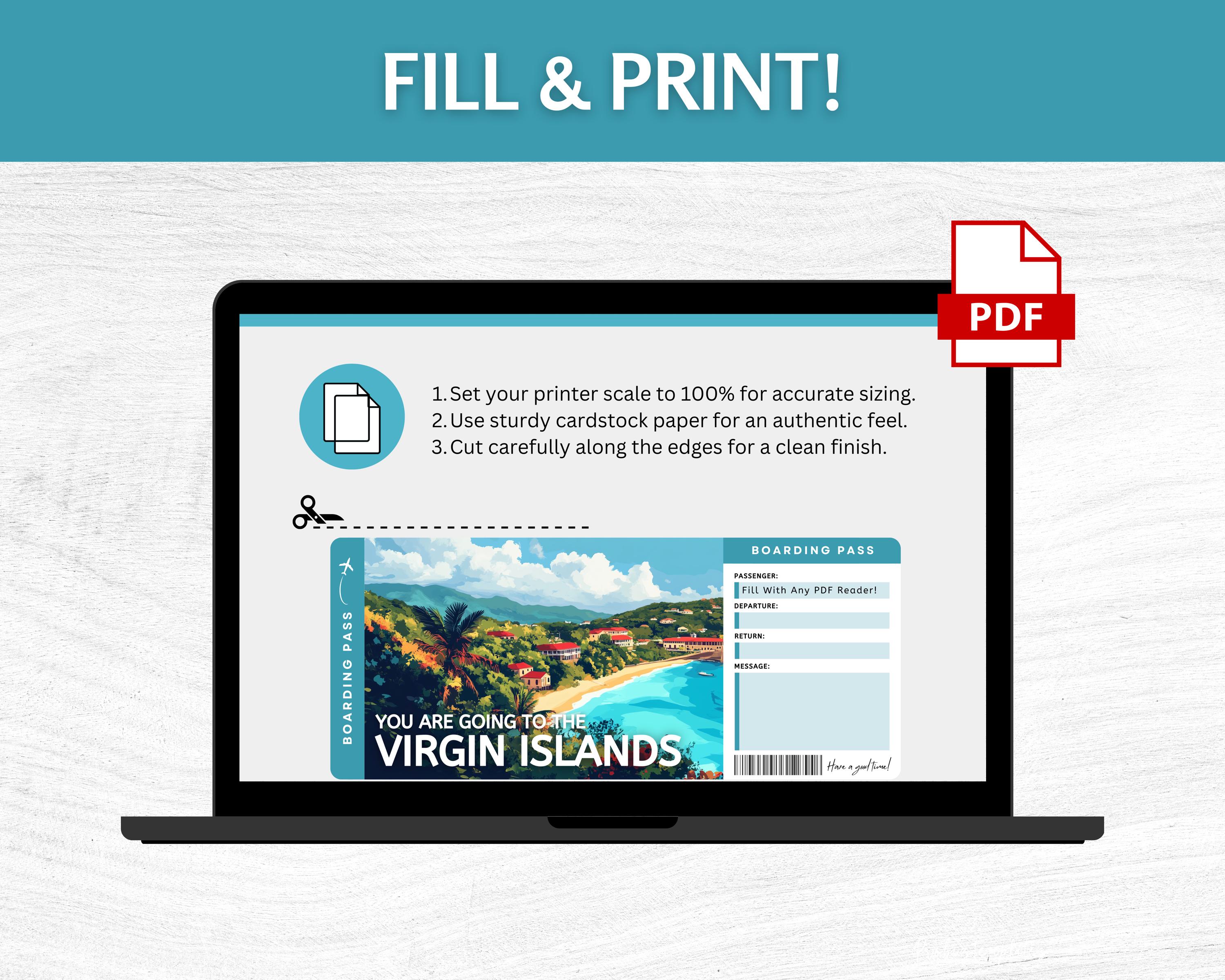 Printable Virgin Islands Surprise Gift Ticket, Editable Island Vacation ...